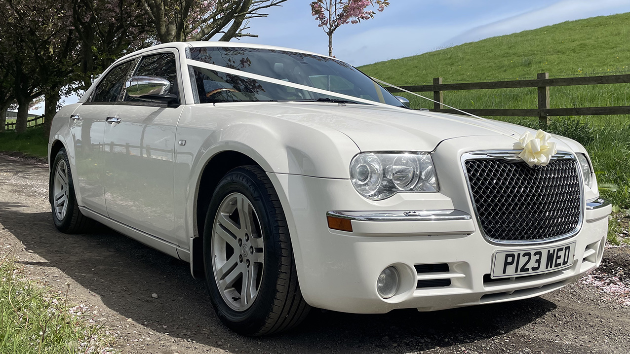 White Chrysler 300s Saloon for wedding hire in Yorkshire