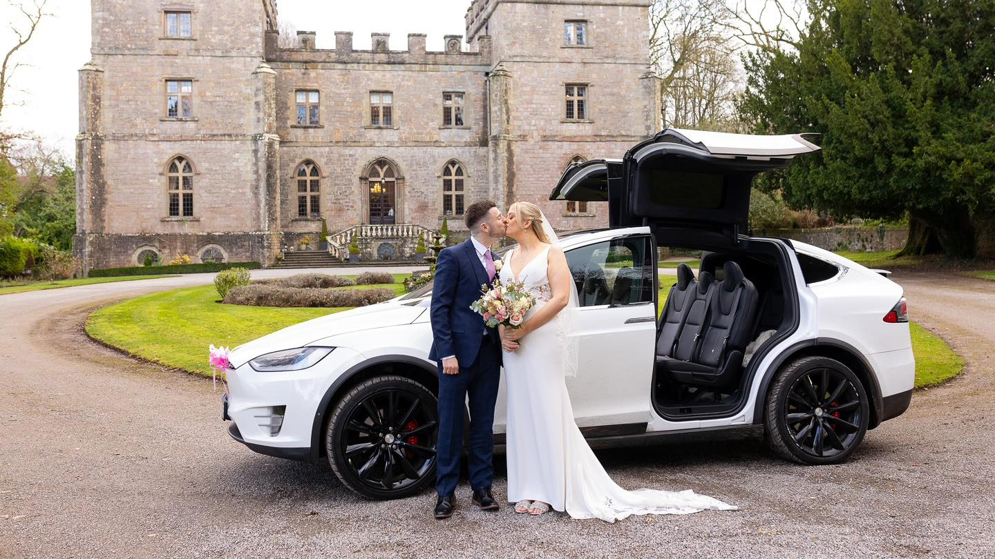White Tesla Model 'X' for weddings in Devon, Somerset and Cornwall