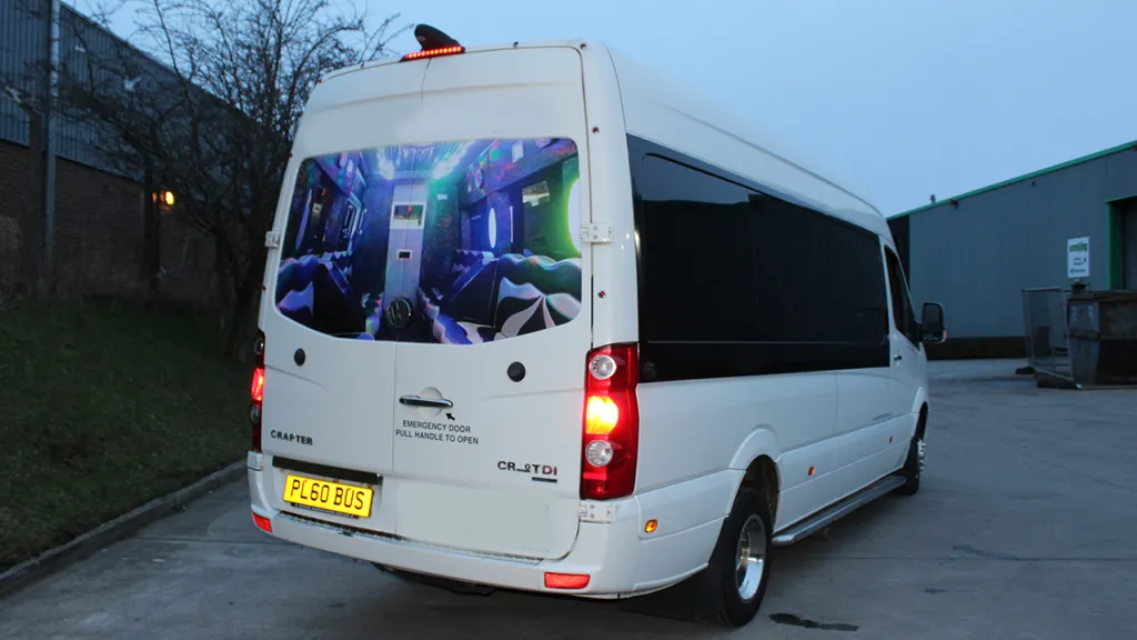 White Mercedes Party Bus for Weddings in Bradford & Leeds, West Yorkshire