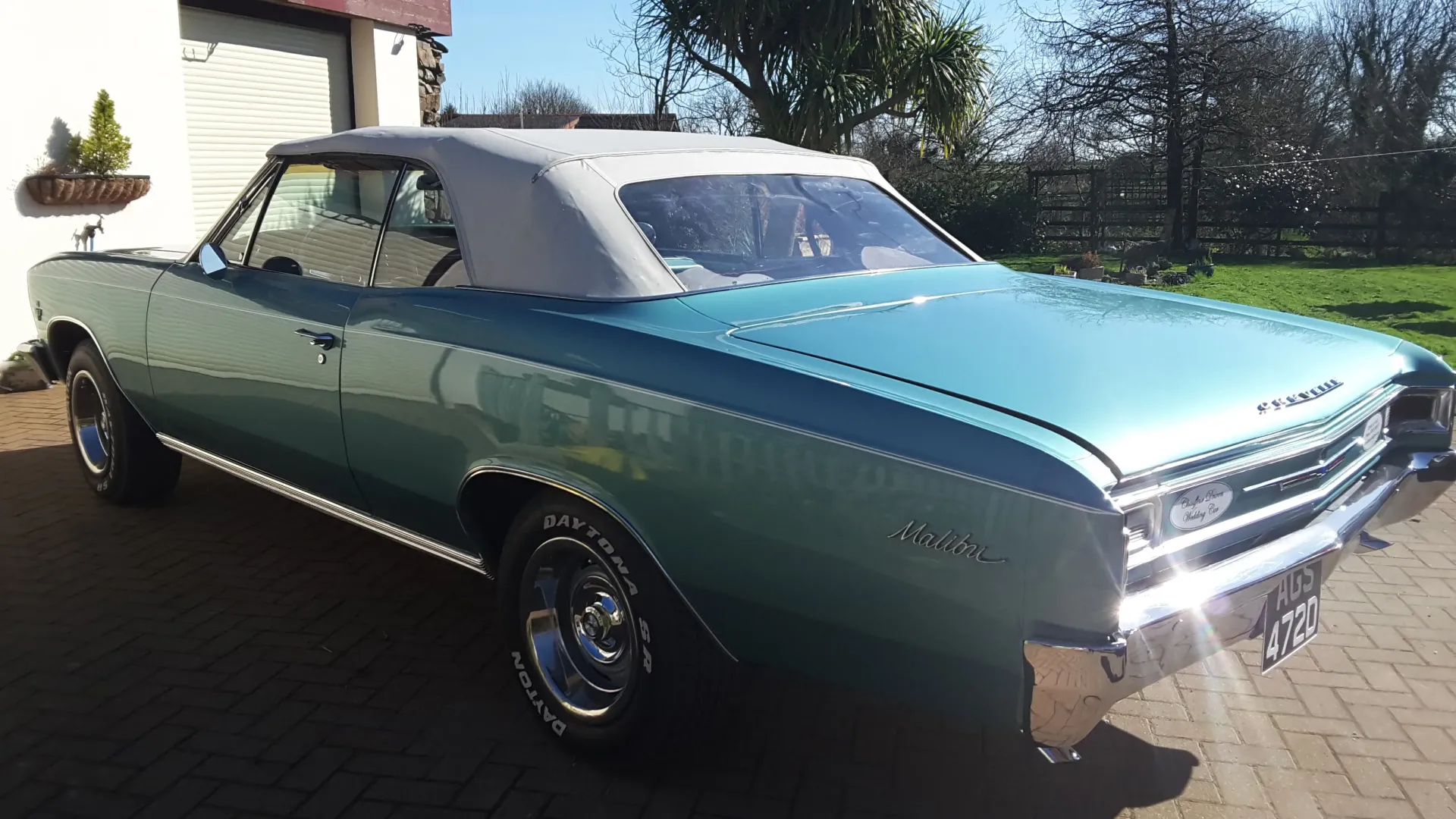 Blue American Chevrolet Convertible Wedding Car for Hire in Devon